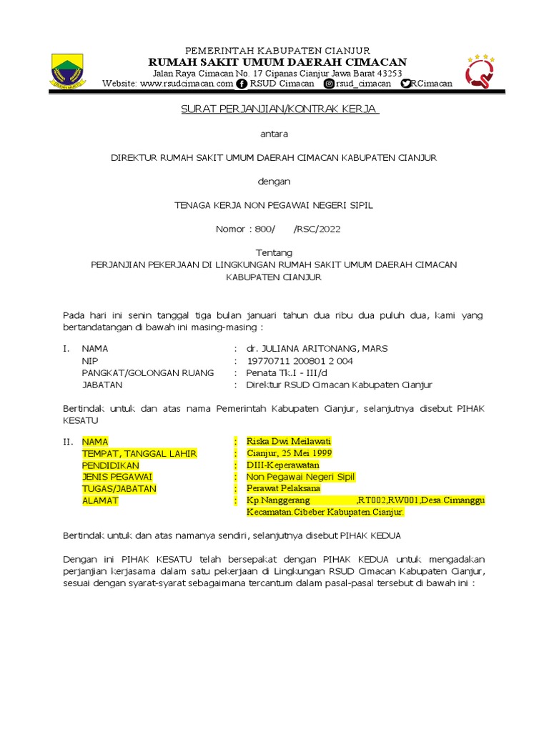 Perjanjian Surat Kontrak RSC Riska | PDF