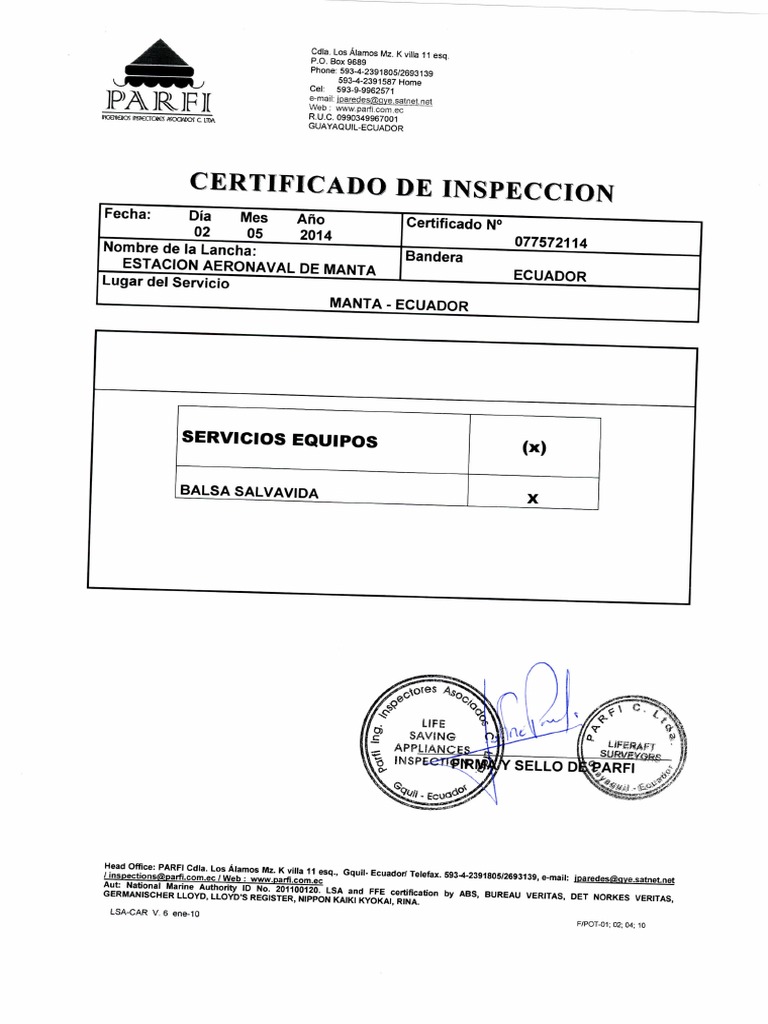Certificado de Inspección | PDF