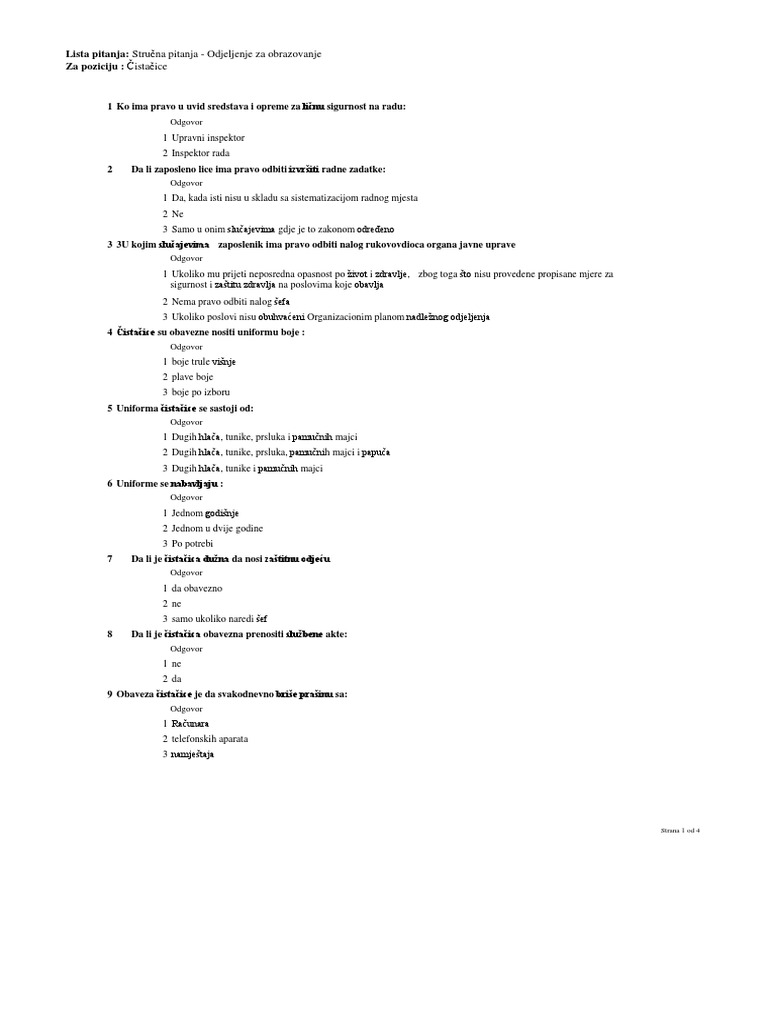 Odjeljenje Za Obrazovanje Brčko: 2022 11 22 Strucna Pitanja Čistačica | PDF