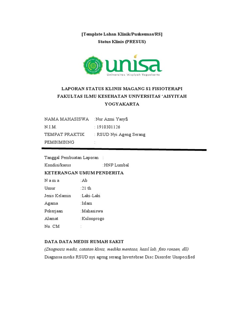 Status Klinis Fisioterapi HNP Lumbal | PDF | Kesehatan Holistik