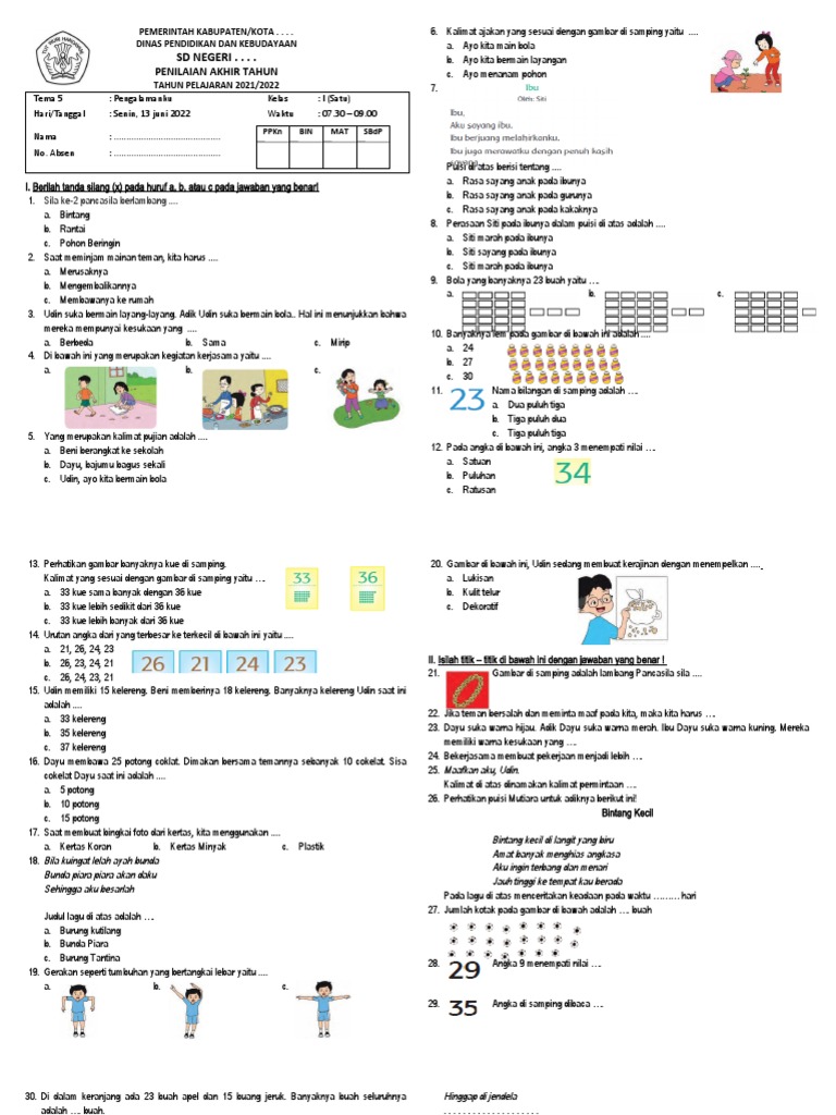 Soal Pat K1 T5 2021-2022 | PDF