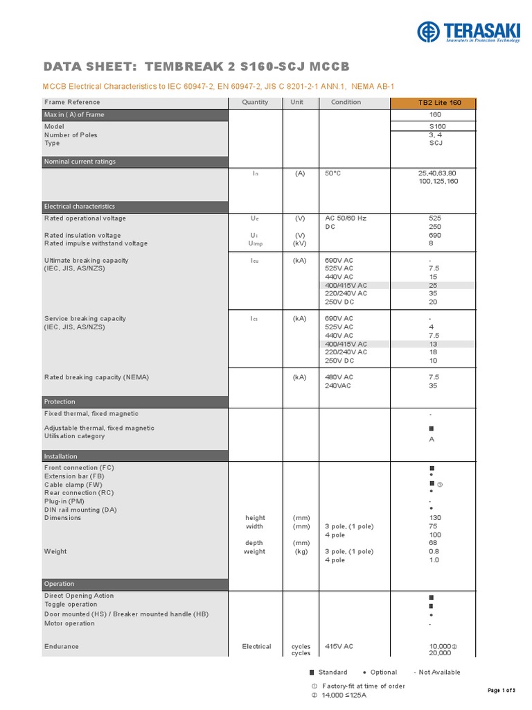 TEMBREAK 2 S160-SCJ MCCB Data Sheet | PDF | Alternating Current ...