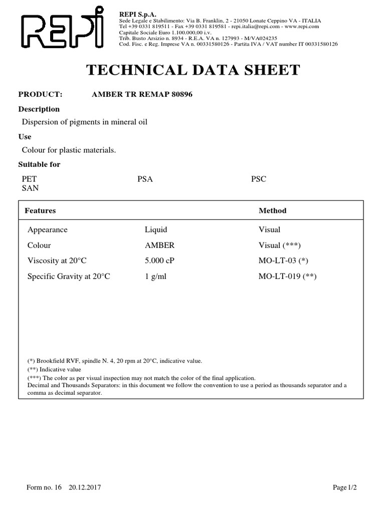 Technical Data Sheet: Product: Amber TR Remap 80896 Description | PDF