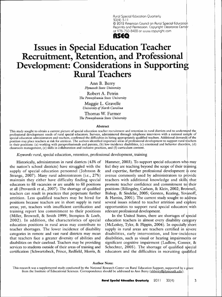 Issues in Special Education Teacher Recruitment Retention and ...