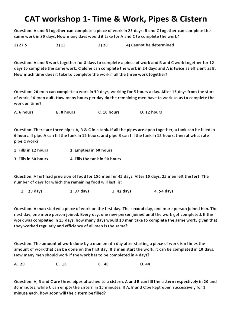 Workshop-1 (Time & Work, Pipes & Cistern) | PDF