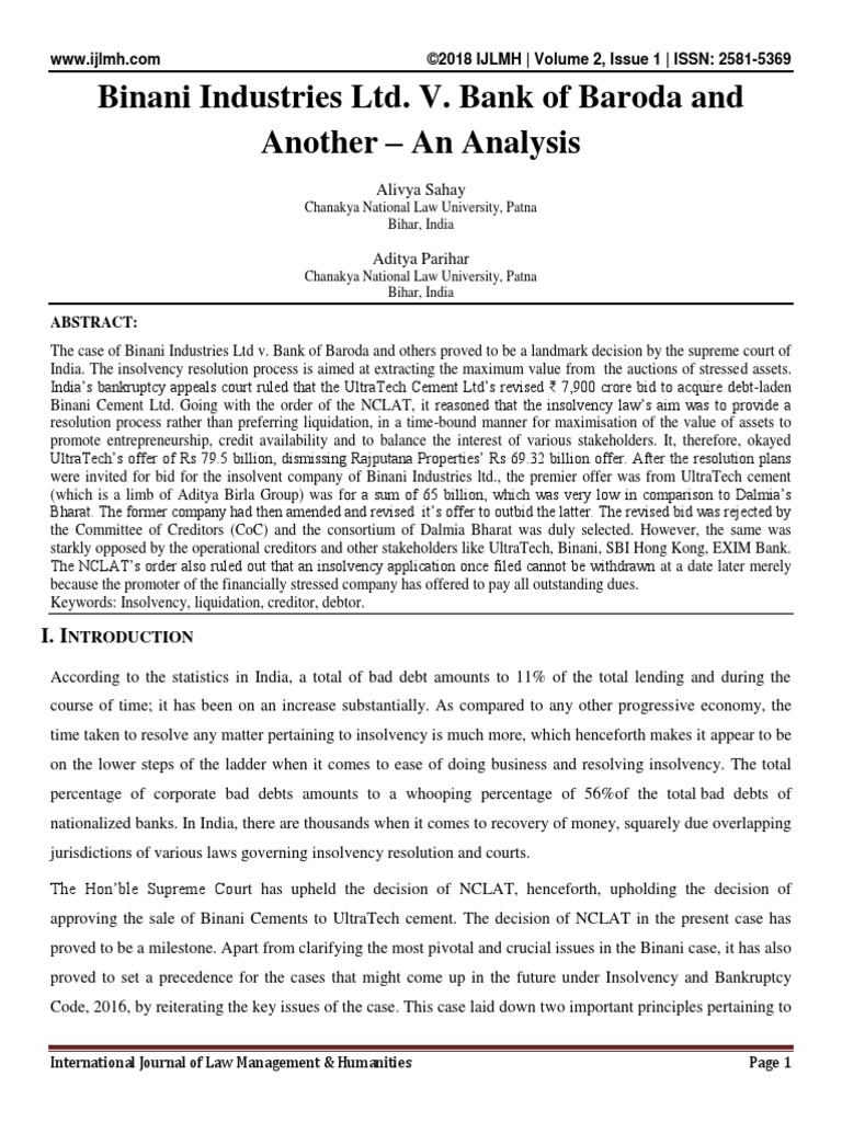Binani Industries Ltd. V. Bank of Baroda and Another - An Analysis ...
