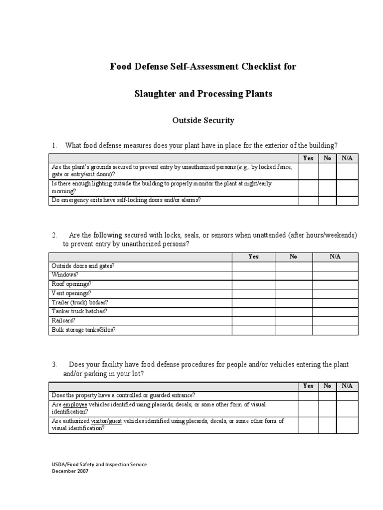 Food Defense Self-Assessment Checklist For Slaughter and Processing ...