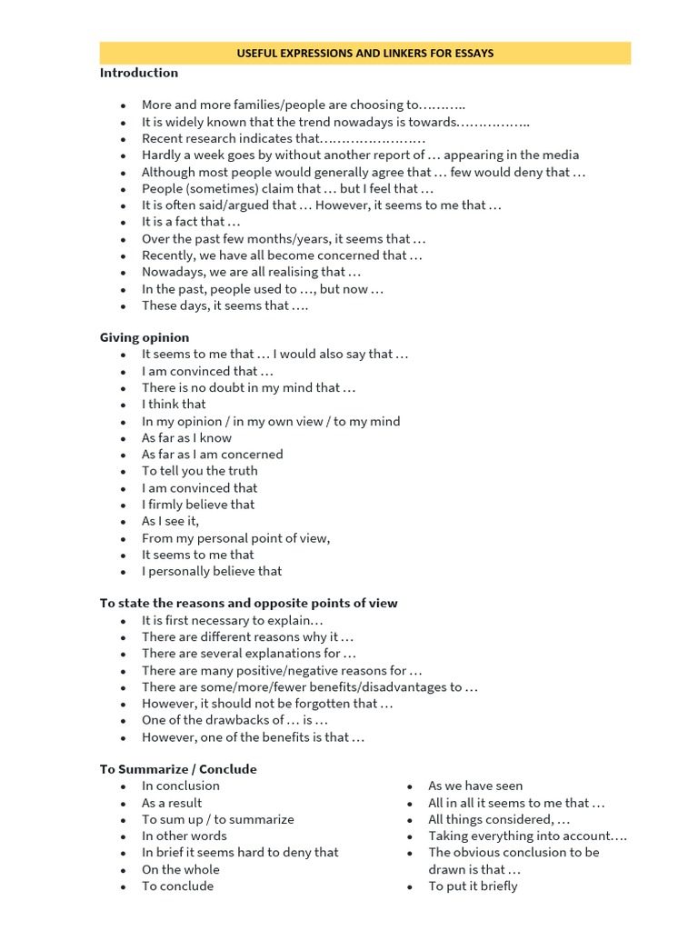 Useful Expressions and Linkers For Essays | PDF | Reason | Logic