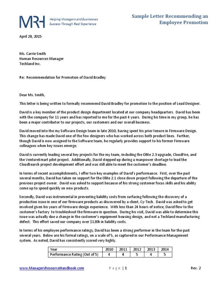 Sample Letter of Recommendtion For Promoting An Employee | PDF