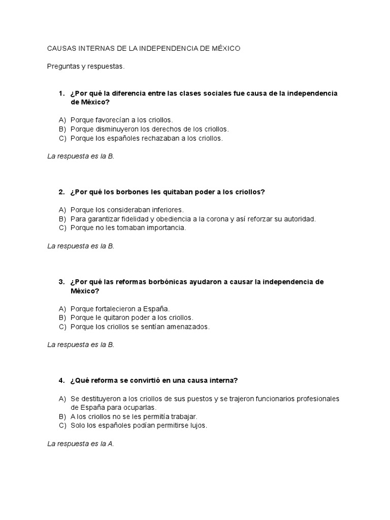 Preguntas y Respuestas (Causas Internas de La Independencia de México) | PDF | México | España