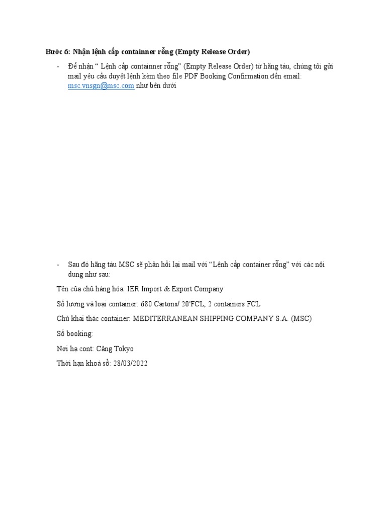 Bước 6: Nhận lệnh cấp containner rỗng (Empty Release Order) | PDF
