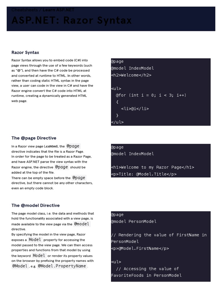 Learn ASP - NET: ASP - NET: Razor Syntax Cheatsheet | PDF