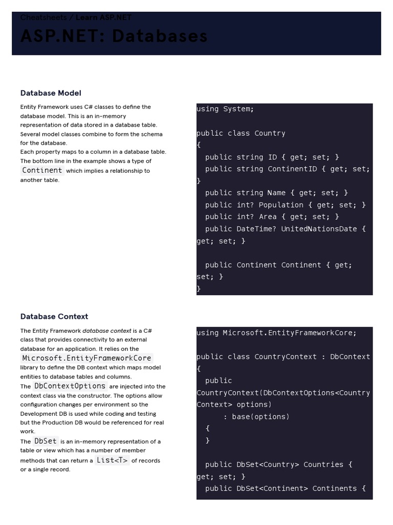 Learn ASP - NET: ASP - NET: Databases Cheatsheet | PDF | Entity ...