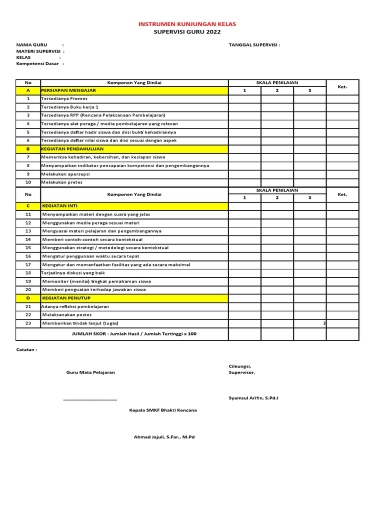 Instrumen Supervisi Kelas 2022 | PDF