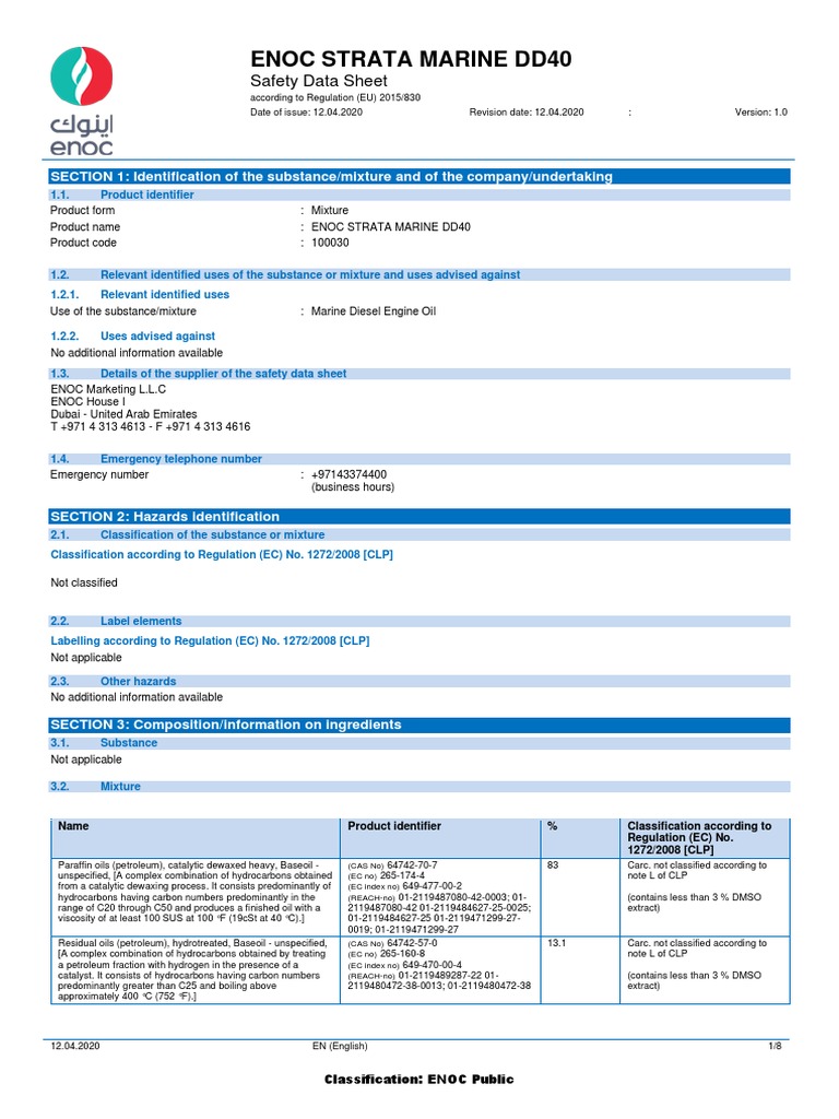 ENOC Strata Marine DD40 SDS | PDF | Dangerous Goods | Firefighting