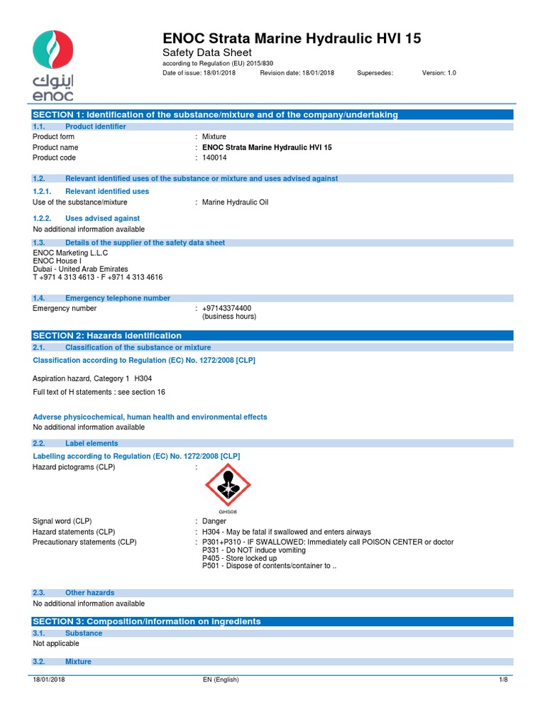 Enoc Strata Marine Hydraulic Hvi 15 | PDF | Dangerous Goods | Personal ...