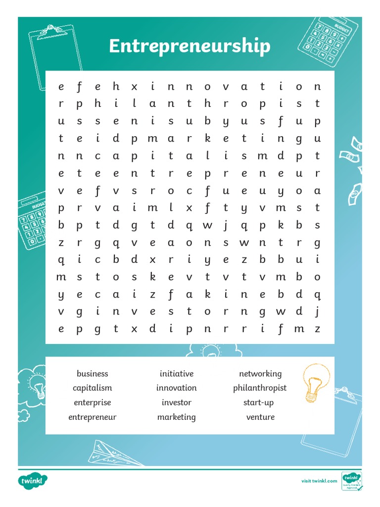 Entrepreneurship Wordsearch | PDF | Entrepreneurship | Small Business