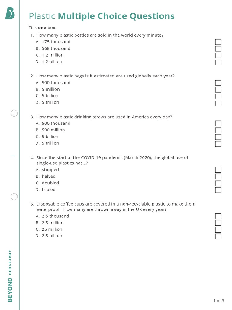 Plastic Multiple Choice Questions - A4 | PDF | Plastic | Pollution