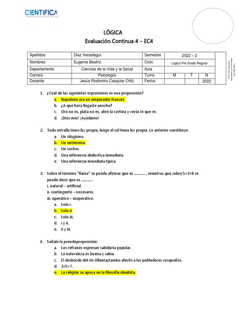 Evaluación Continua 4 - EC4 Logica | PDF | Proposición | Falacia