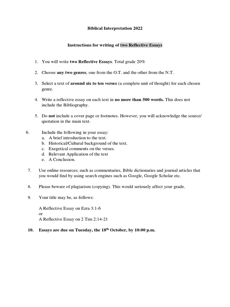 Instructions For Reflective Essays, 2022 | PDF