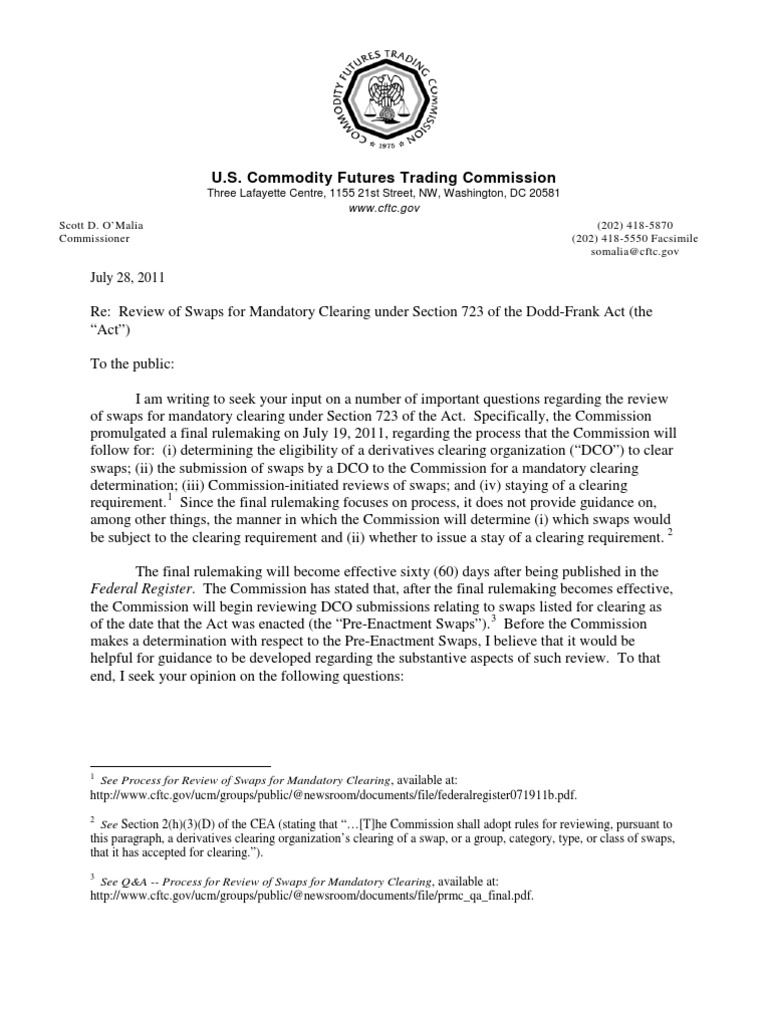 Process of Review of Swaps For Mandatory Clearing-Letter Regarding ...