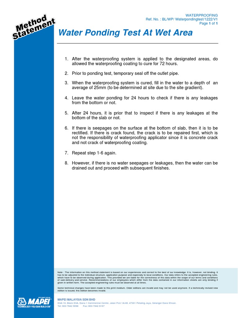 Method Statement Water Ponding Test at Wet Area | PDF | Technology ...