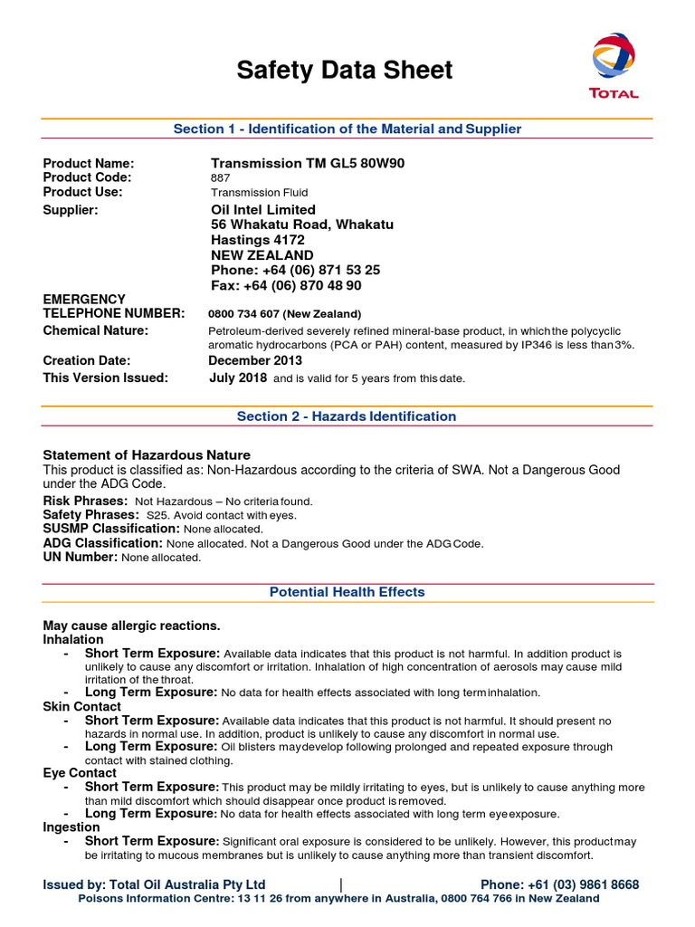 Tot Transmission TM Gl5 80w90 Msds 1 | PDF | Physical Sciences | Occupational Safety And Health