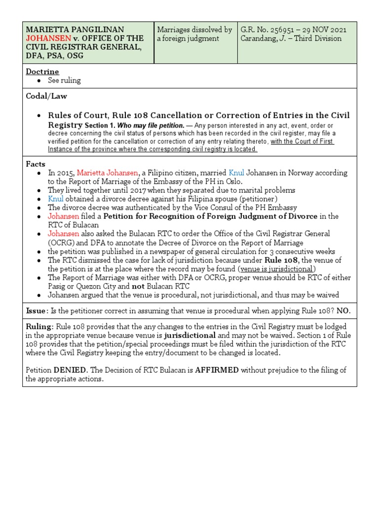 Johansen v. Civil Registrar: Venue Ruling | PDF | Divorce | Marriage