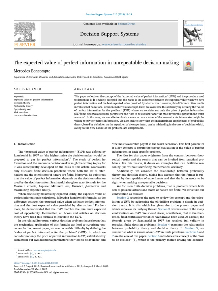 The Expected Value of Perfect Information in Unrepeatable Decision-Making | PDF | Decision ...