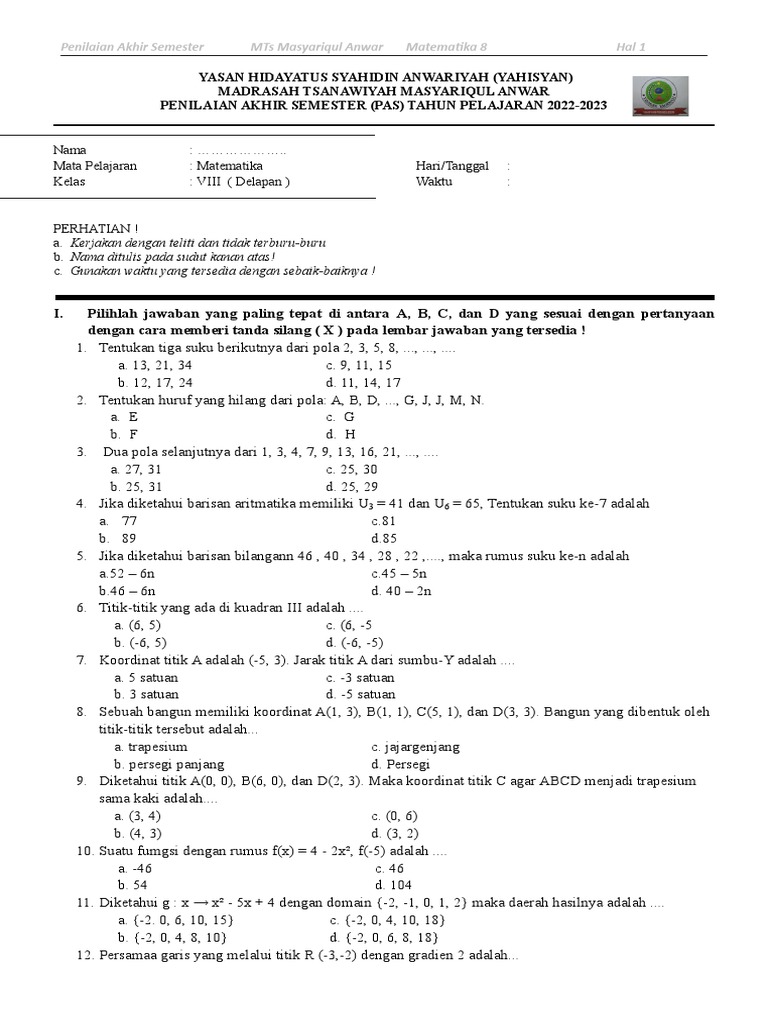 Soal Pas MTK 8 Gasal | PDF