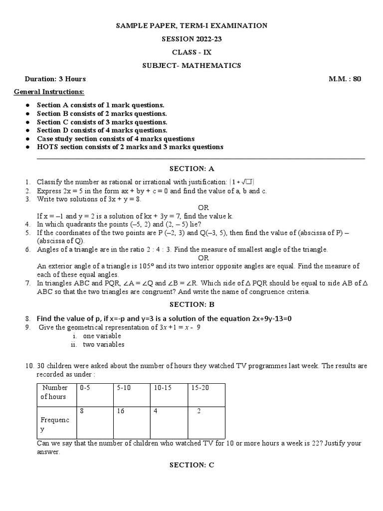 Sample Paper Term1 Class 9th | PDF | Triangle | Area
