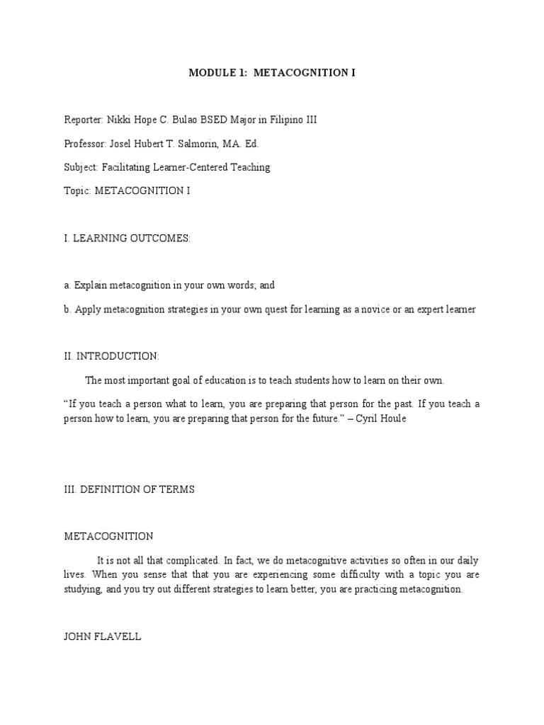 Facilitating Learning Centered | Download Free PDF | Learning | Metacognition