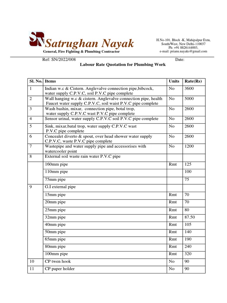 Plumbing Quotation Rates | PDF | Tools | Building Materials