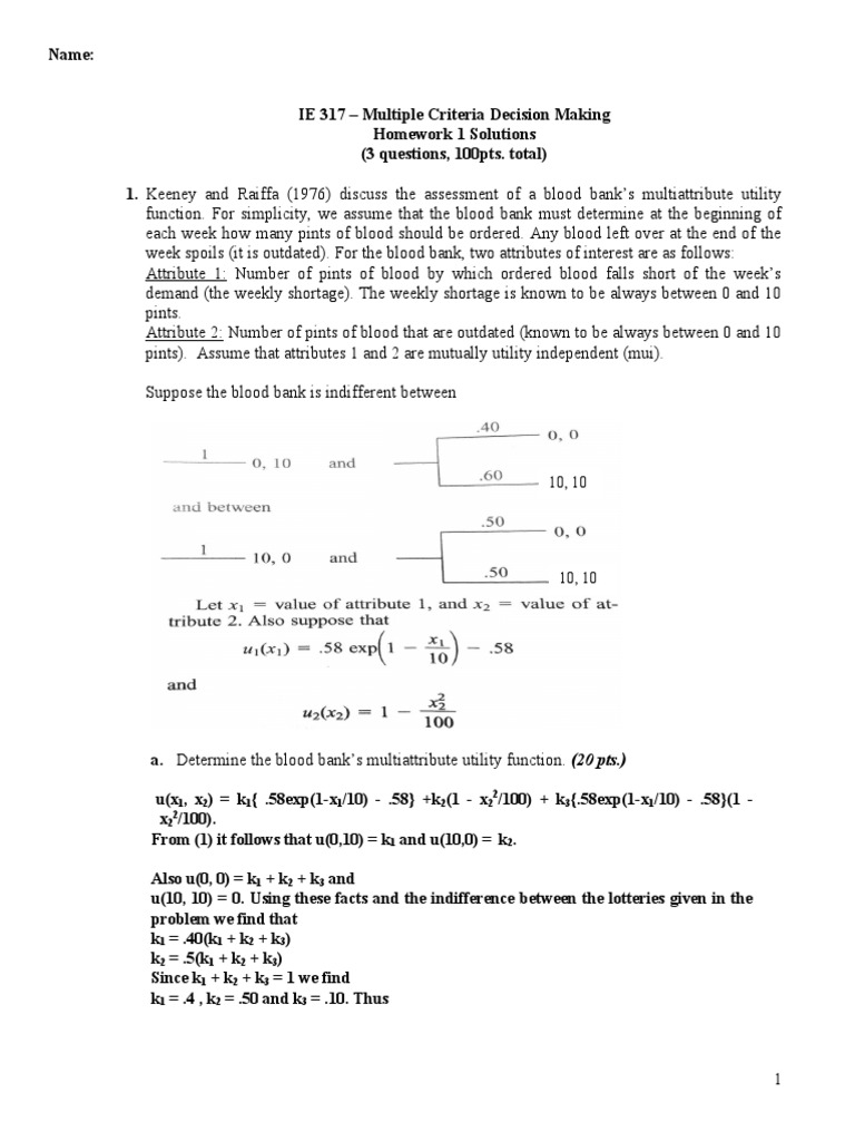 IE317 FALL2022 Homework 1 Solutions | PDF | Utility | Decision Making