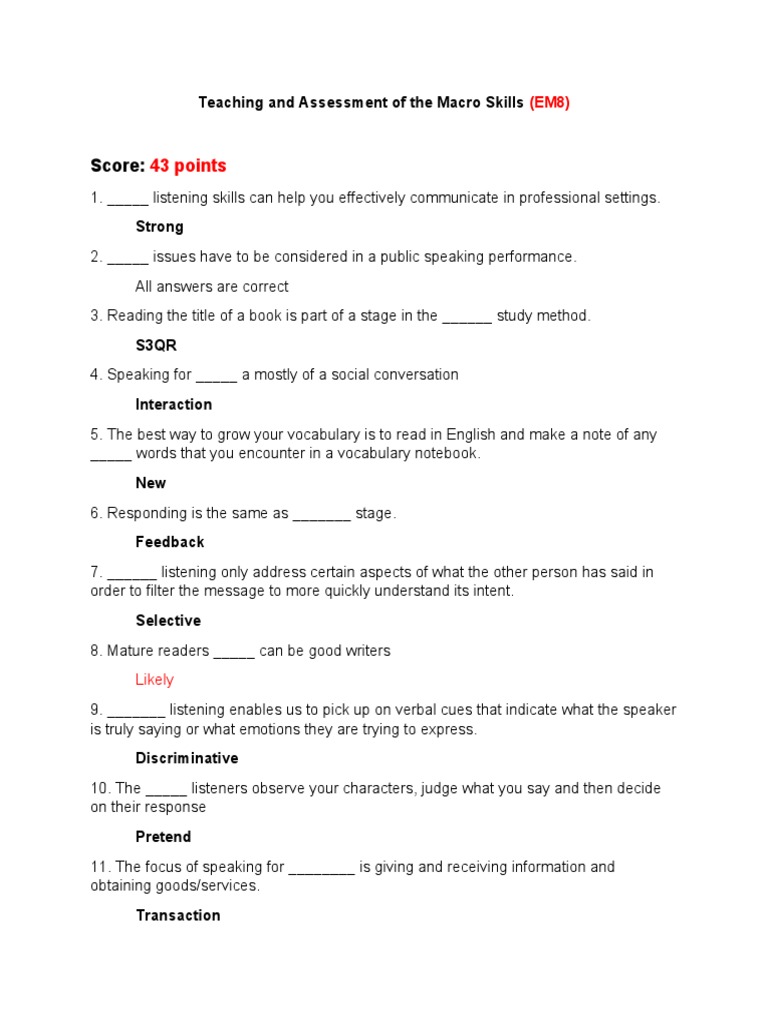 Teaching and Assessment of The Macro Skills (Midterm Reviewer) | PDF | Public Speaking | Speed ...