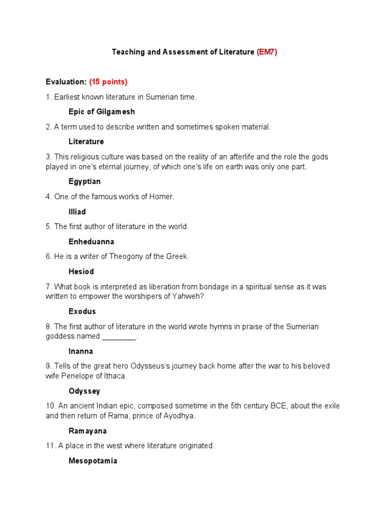Teaching and Assessment of Literature (Midterm Reviewer) | PDF | Odyssey | Narrative
