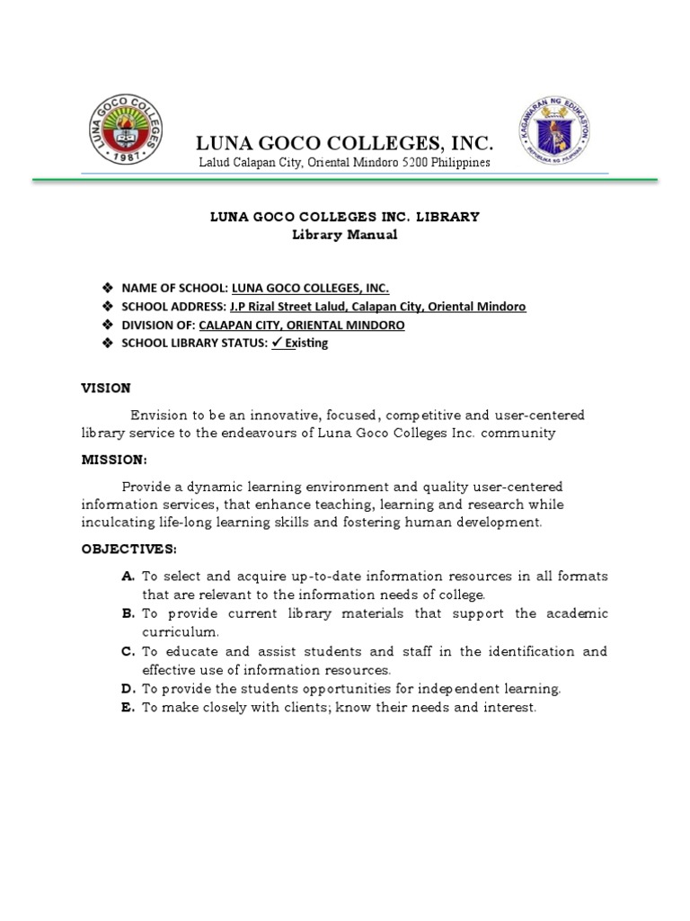Luna Goco Colleges Inc. Library Manual | PDF | Libraries | Nursing