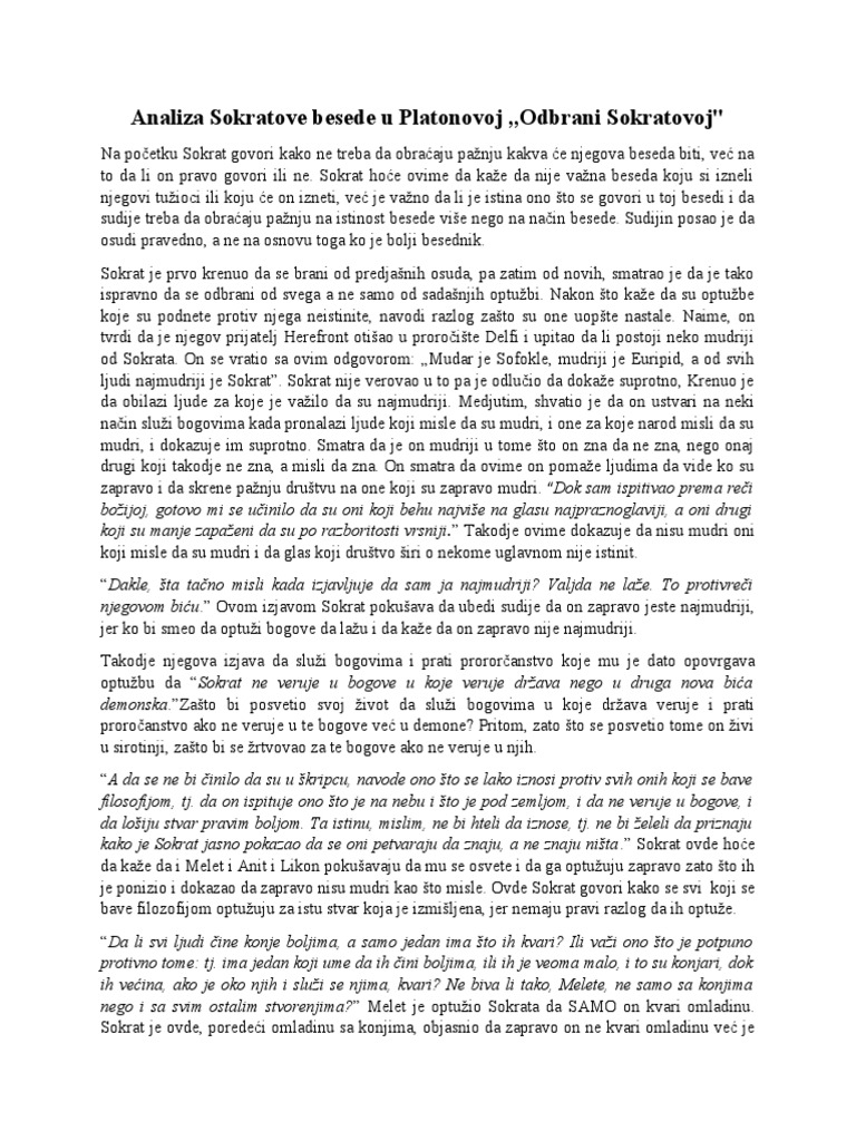 Analiza Sokratove Besede U Platonovoj "Odbrana Sokratova" | PDF