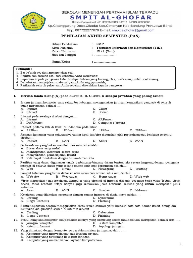 SOAL PAS TIK KLS 9 SMT 1 | PDF