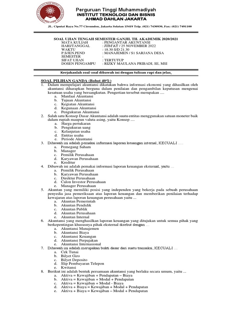 Soal UTS Pengantar Akuntansi | PDF