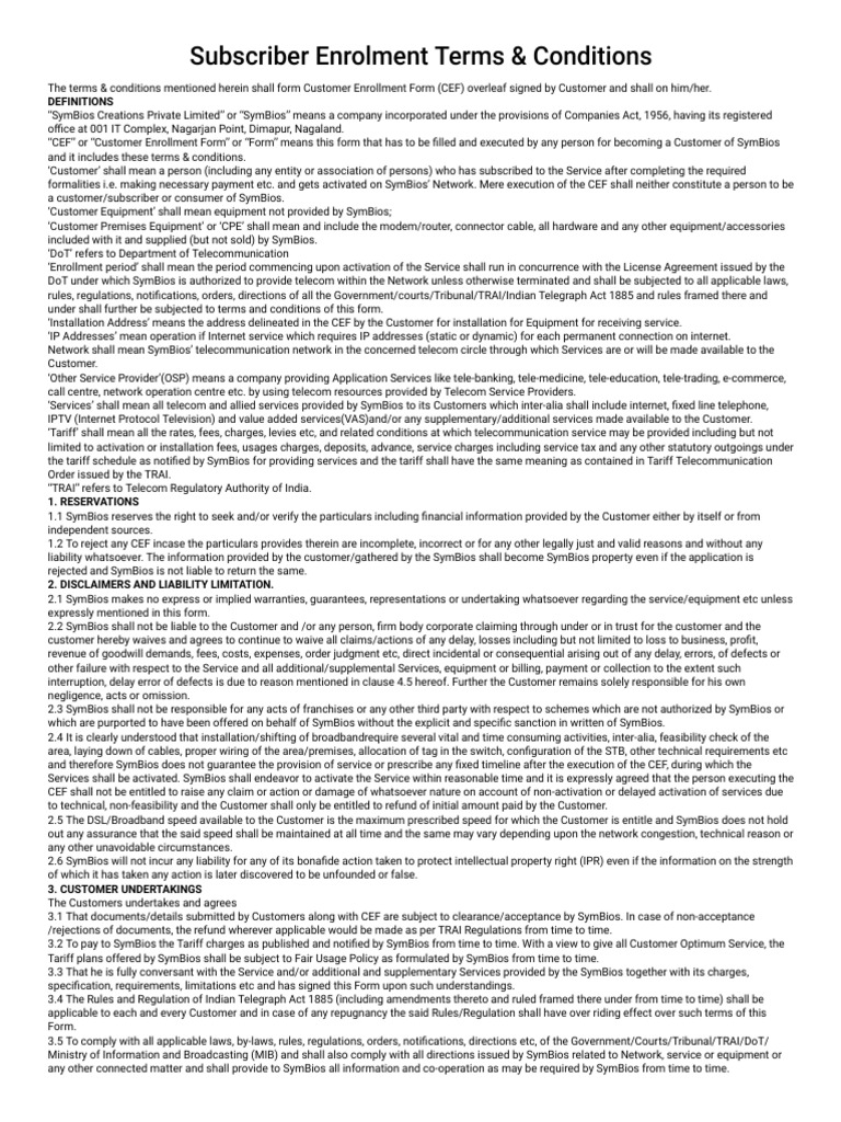 SymBios Broadband Connection Agreement | PDF | Cheque | Computer Network