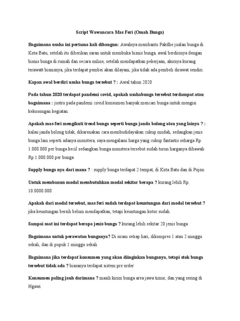 Script Wawancara Mas Feri Pelaku Usaha Omah Bunga | PDF | Bisnis | Ilmu Sosial
