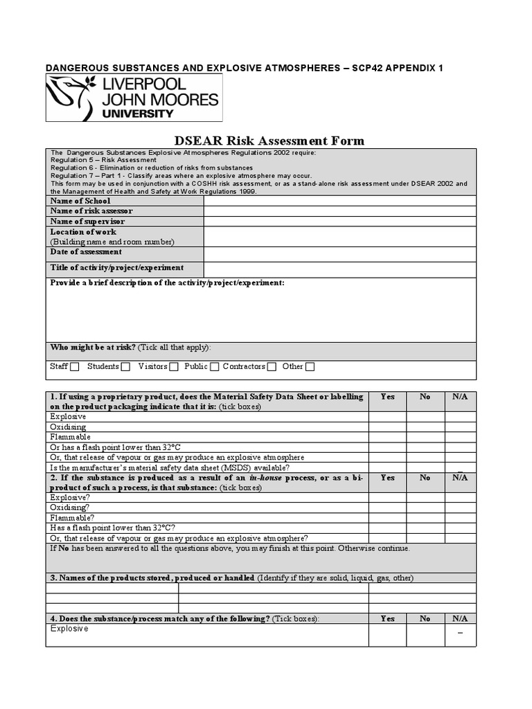 DSEAR Risk Assessment Form | PDF | Personal Protective Equipment | Safety