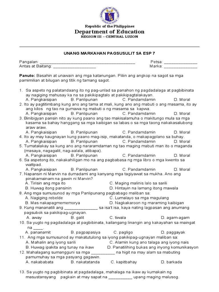 First Quarter Examination in Esp 7 Final | PDF