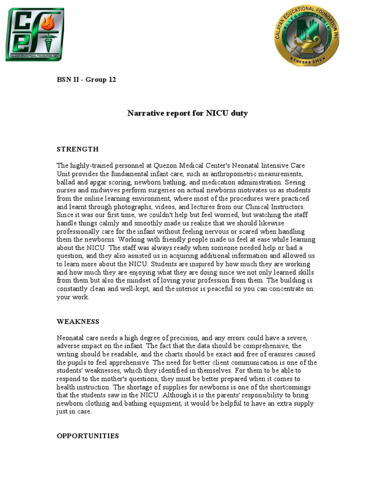 NICU Duty Narrative Report | PDF | Neonatal Intensive Care Unit | Infants