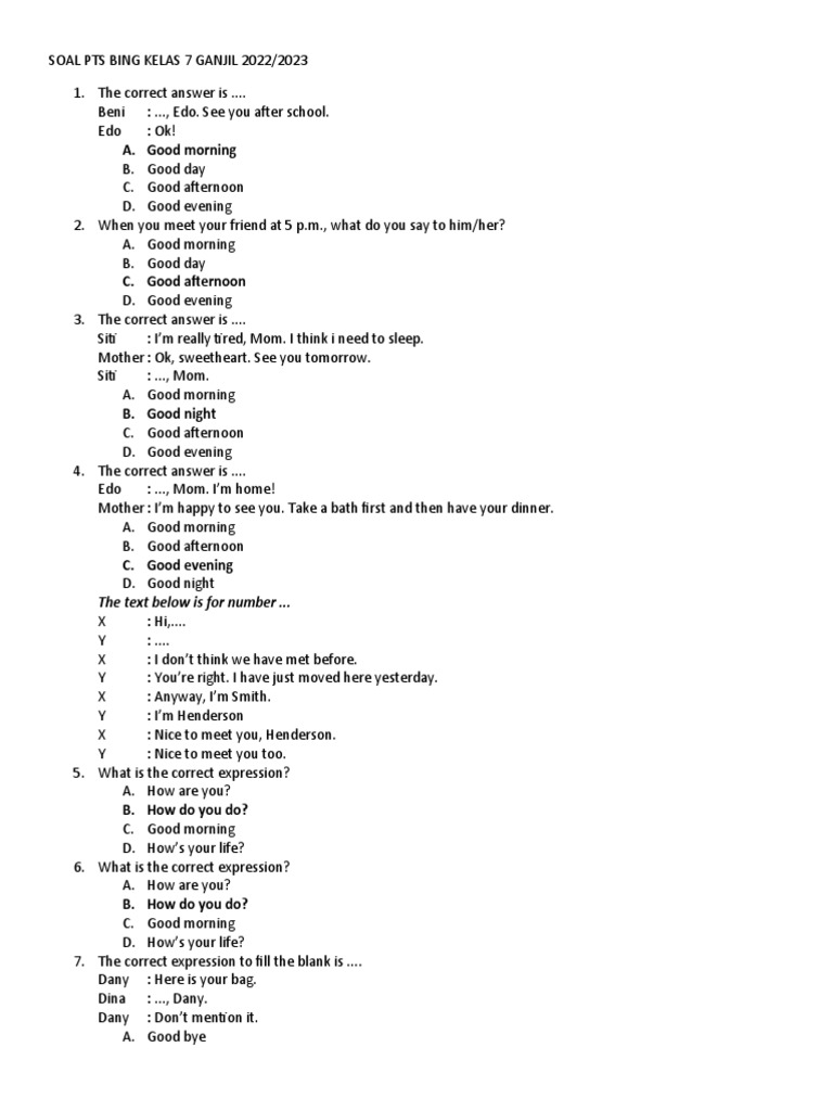 Soal PTS Bing Kelas 7 Ganjil 20222023 | PDF