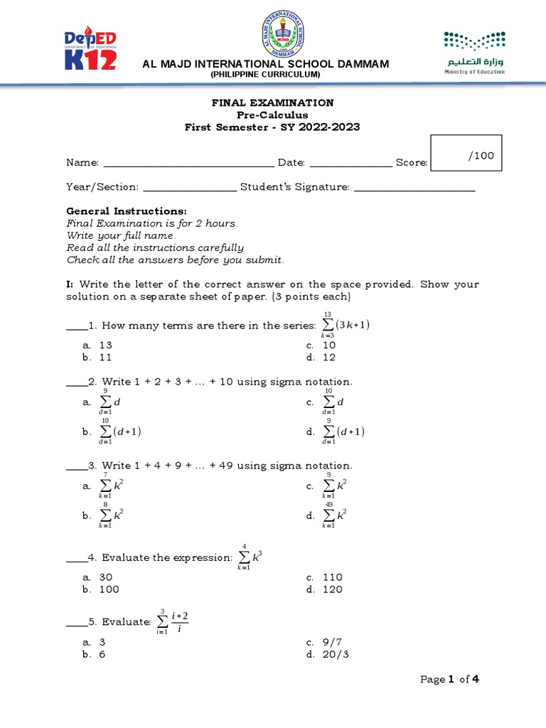Pre-Calculus Final Exam | PDF | Mathematical Concepts | Abstract Algebra Pre-Calculus Final Exam | PDF | Mathematical Concepts | Abstract Algebra