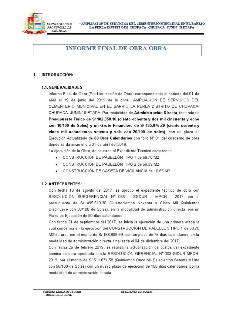 Informe Final de Ejecucion de Obra | PDF | Hormigón | Presupuesto