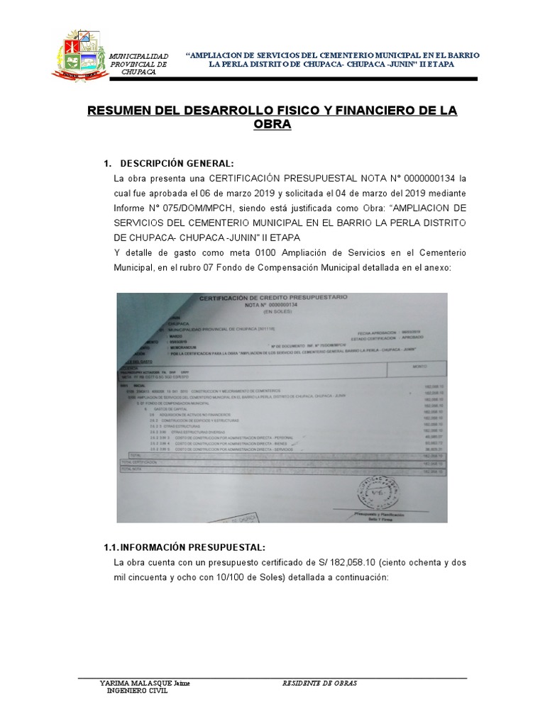 Informe Fisico Financiero | PDF | Presupuesto | Ingeniero civil