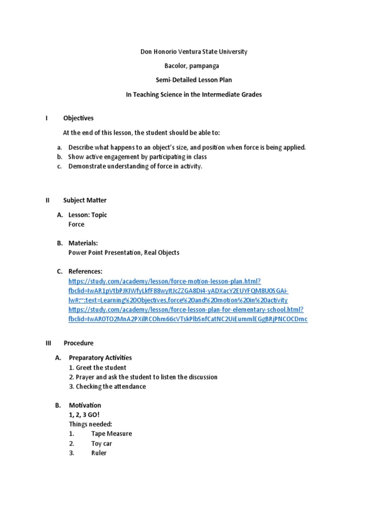 Teaching Force in Science Lesson Plan | PDF | Force | Lesson Plan